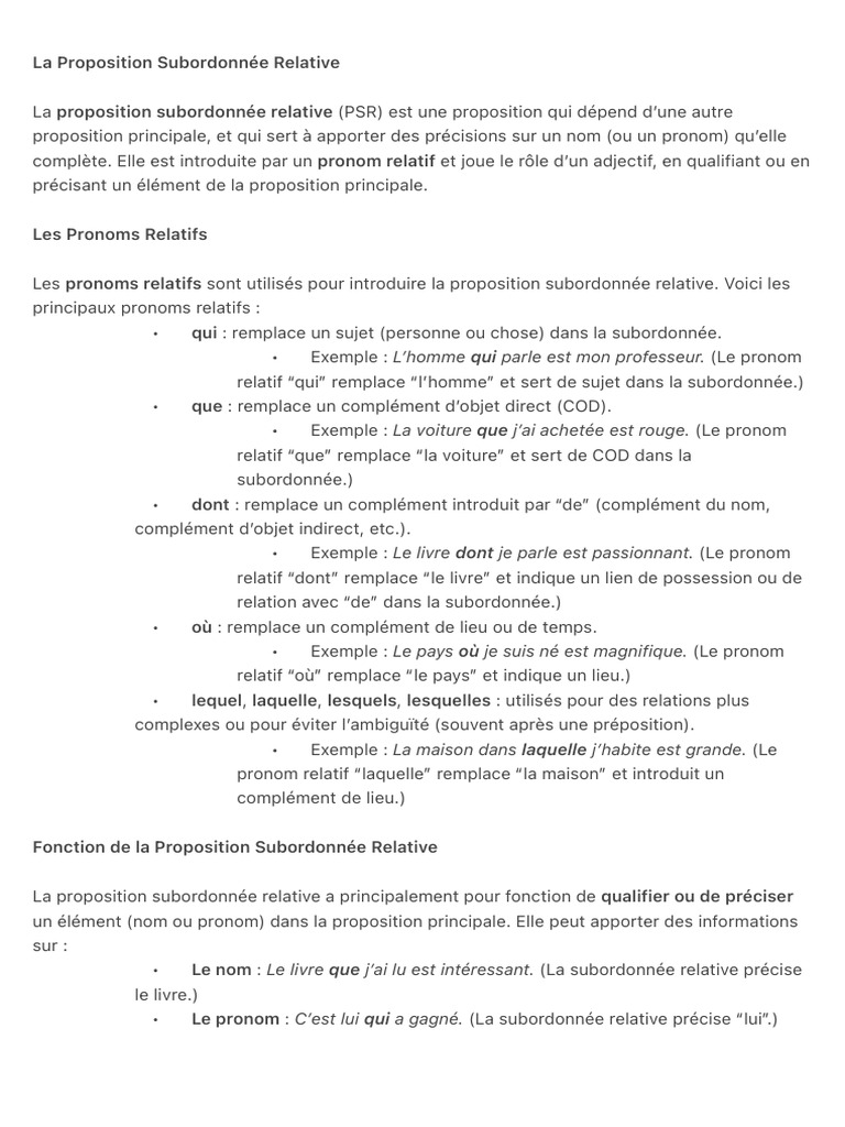 La Proposition Subordonnée Relative | PDF | Clause | Pronom