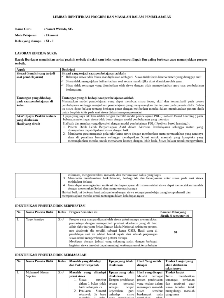 Lembar Identifikasi Progres Dan Masalah Dalam Pembelajaran Slamet Widodo | PDF