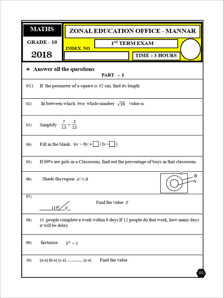 2018 Grade 10 Maths First Term Paper English Medium | PDF | Area ...