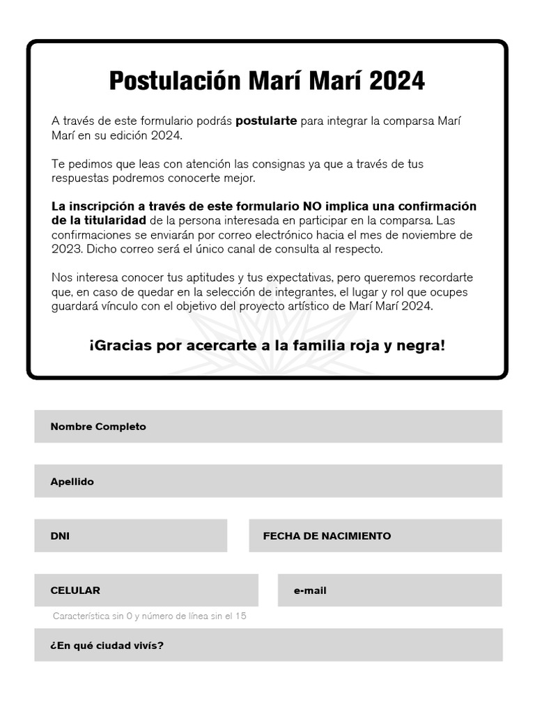 Inscripción Comparsa Marí Marí 2024 | PDF | Carnaval