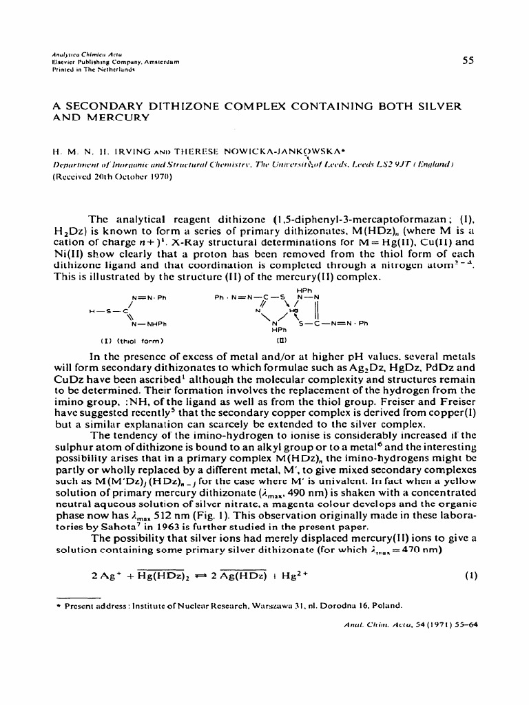 A Secondary Dithizone Complex Containing Both Silver and Mercury | PDF ...