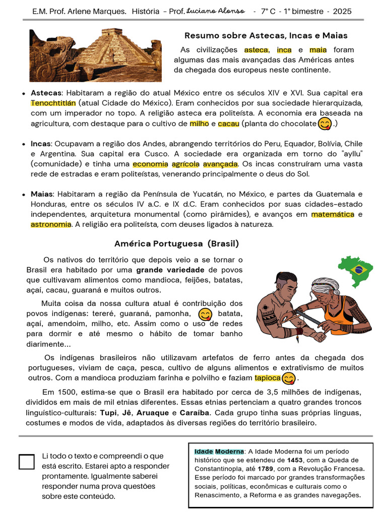 Ativ. 7C - História- 1 bimestre | PDF | Império Inca | Américas