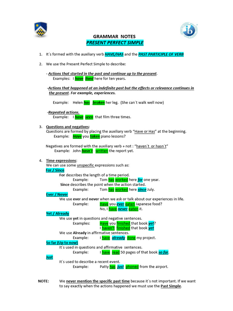 8th Present Perfect NOTES | PDF
