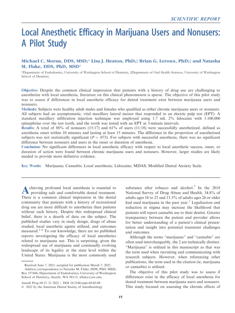 Local Anesthetic Efficacy in Marijuana Users and Nonusers - A Pilot Study | PDF | Anesthesia ...