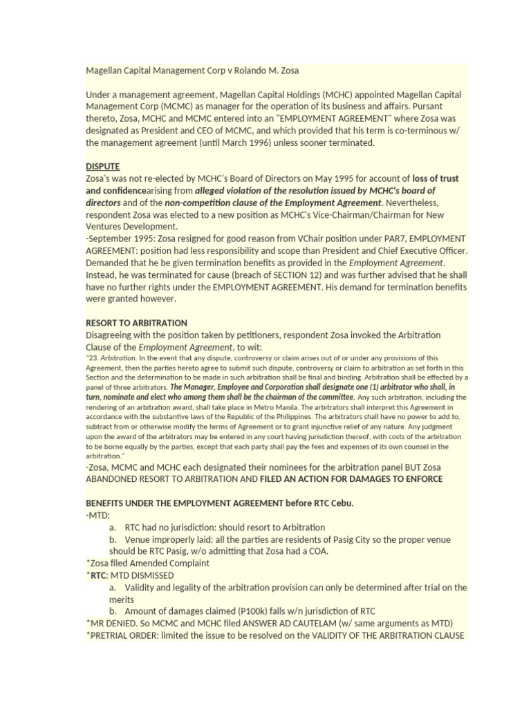 Magellan Capital Management Corp V Rolando Zosa | PDF | Arbitration ...