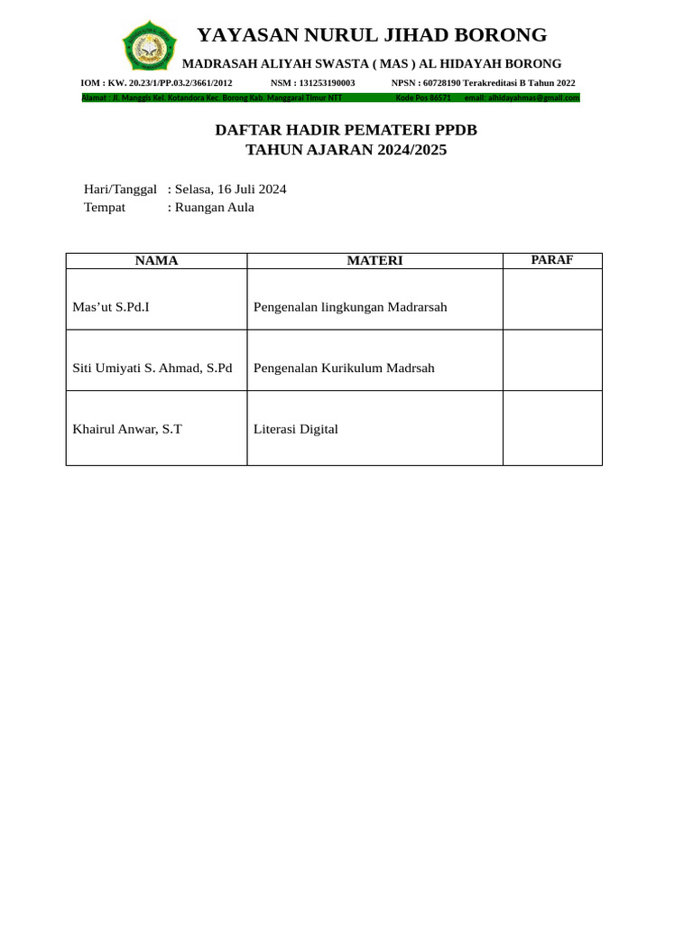 Daftar Hadir Pemateri PPDB | PDF