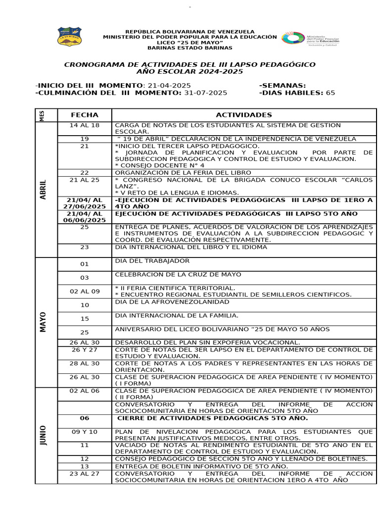 Cronograma de Actividades III MOMENTO 2024-2025 | PDF