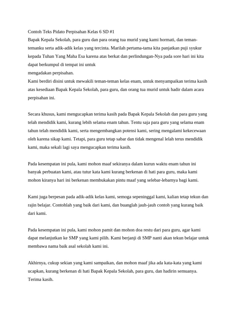 Contoh Teks Pidato Perpisahan Kelas 6 SD | PDF
