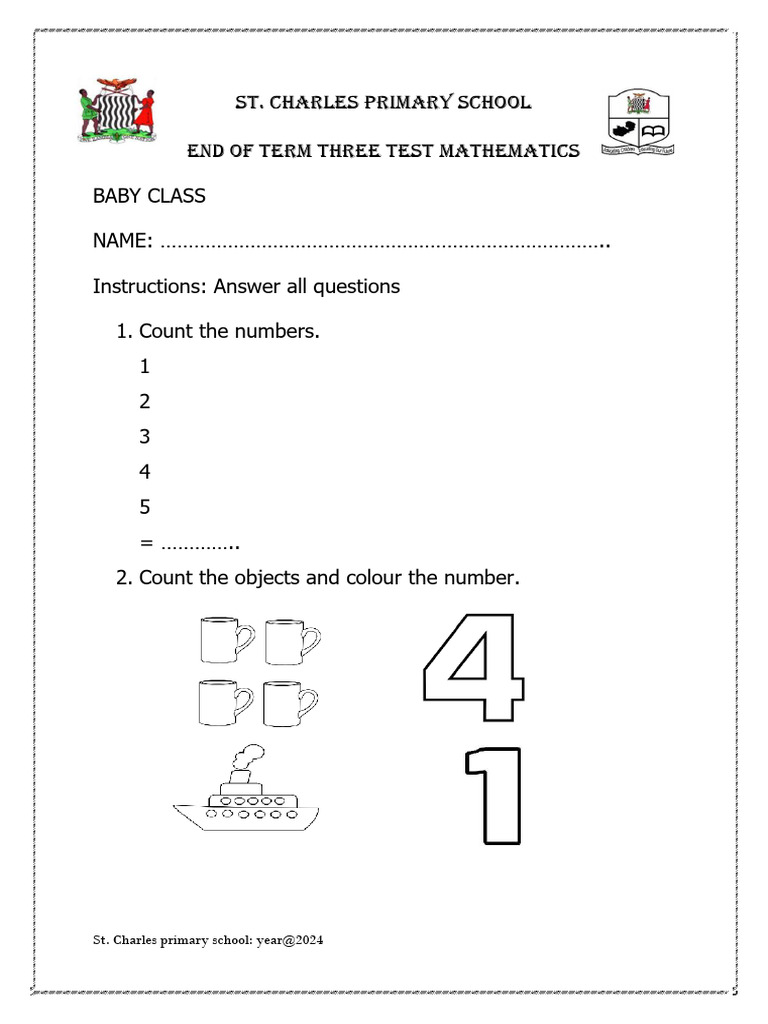 End of Term 3 Math Test for Baby Class | PDF