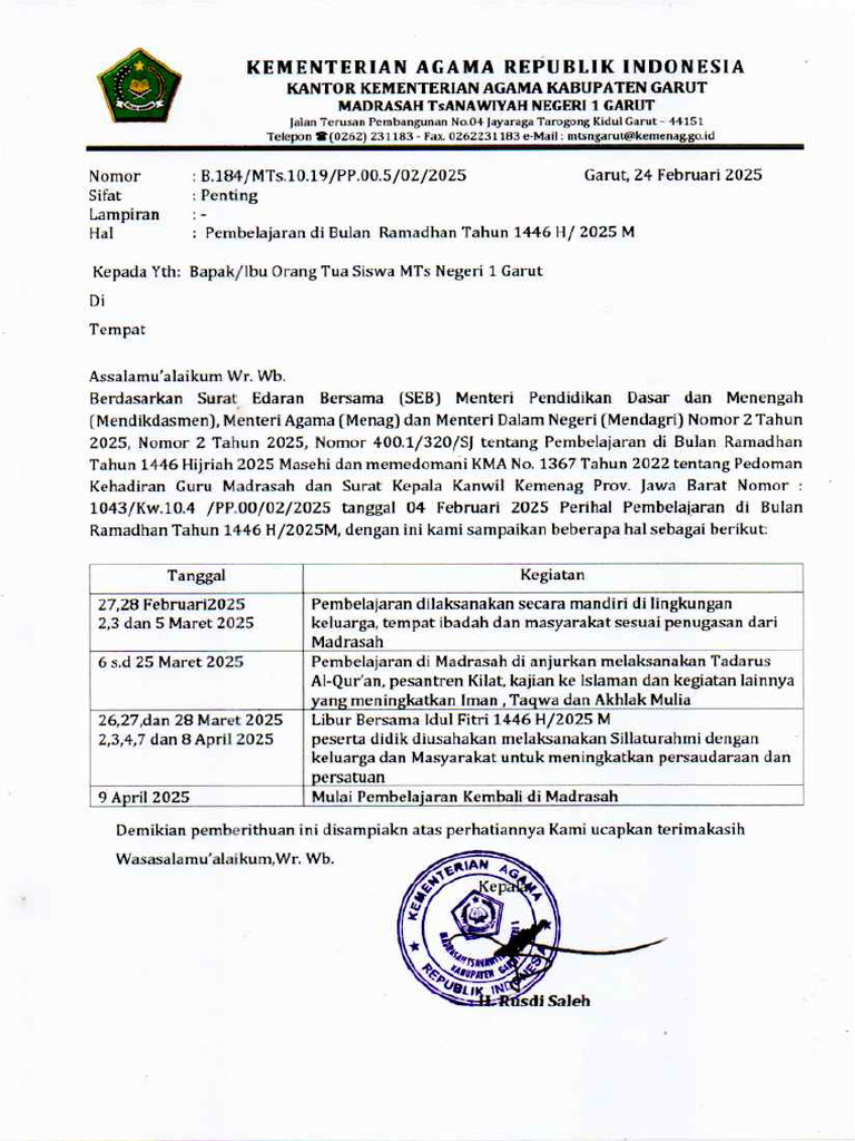 Pemberitahuan Pembelajaran Di Bulan Ramadhan Tahun 1446 H 2025 M | PDF
