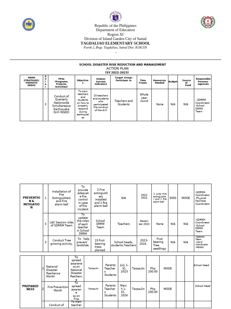 SDRRM ACTION PLAN 2022-2023 | PDF | Risk | Hazards