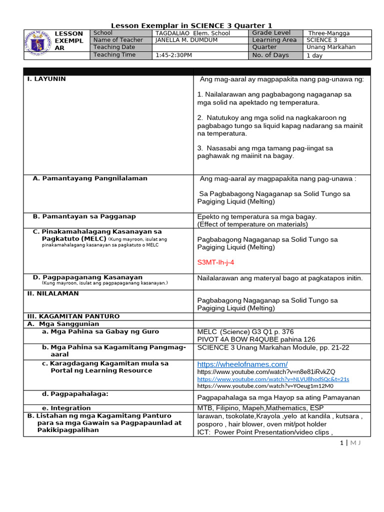 Lesson Exemplar in SCIENCE 3 Quarter 1 | PDF