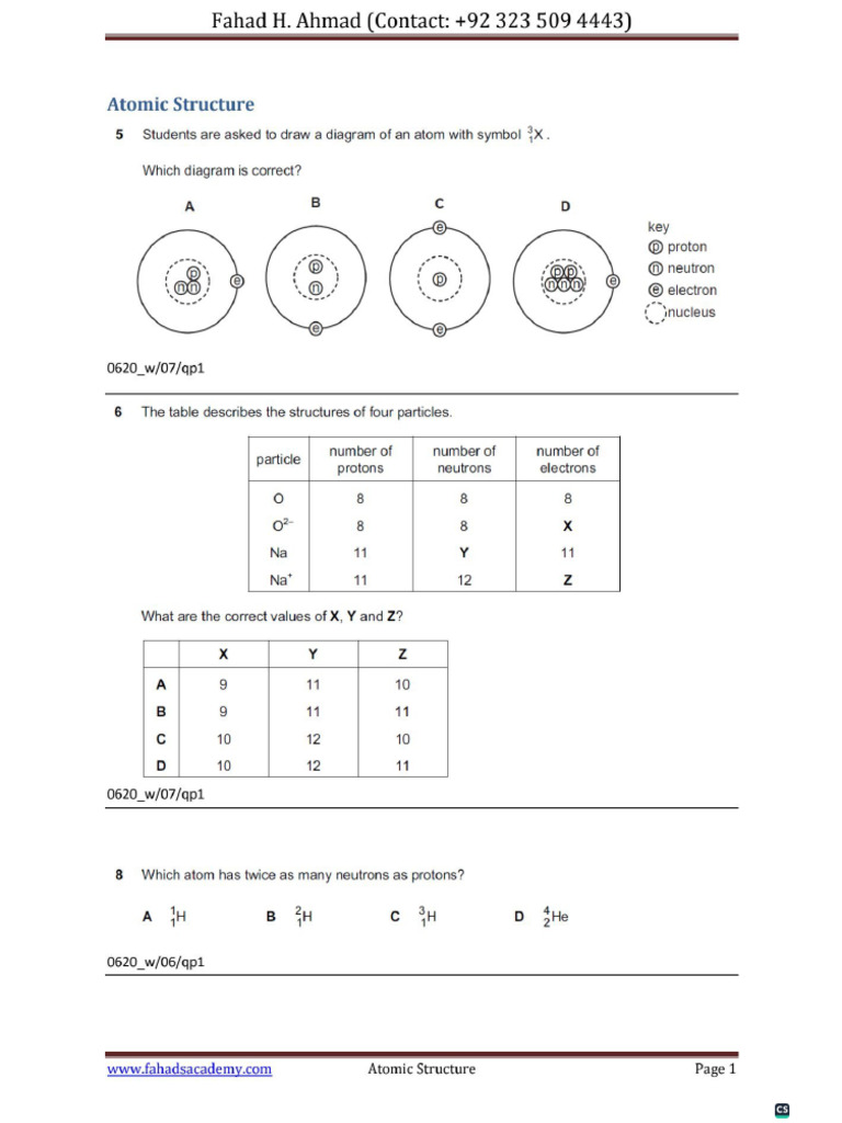 Work Sheet Atomic Structure | PDF