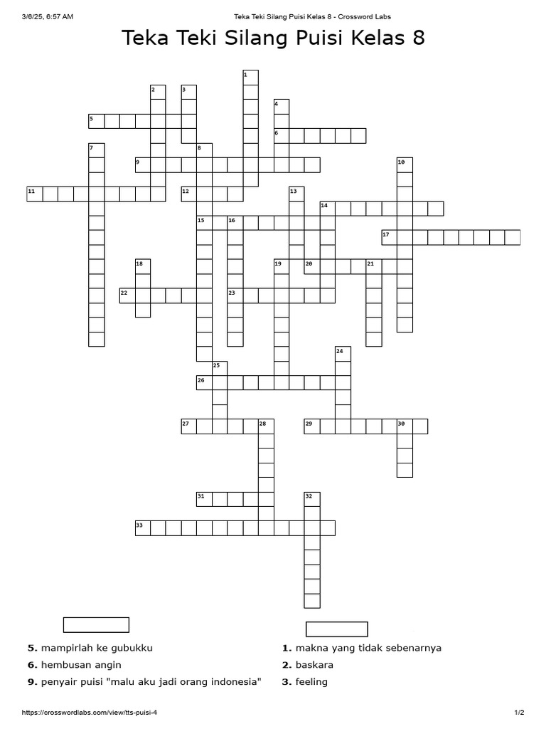 Teka Teki Silang Puisi Kelas 8 - PRA PTS | PDF