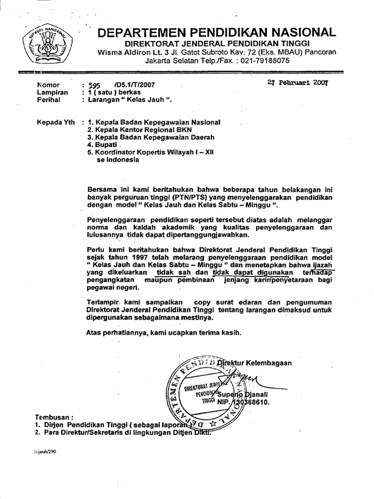 Surat Dirjen Dikti Nomor 595 D5.1 T 2007@larangan Kelas Jauh | PDF