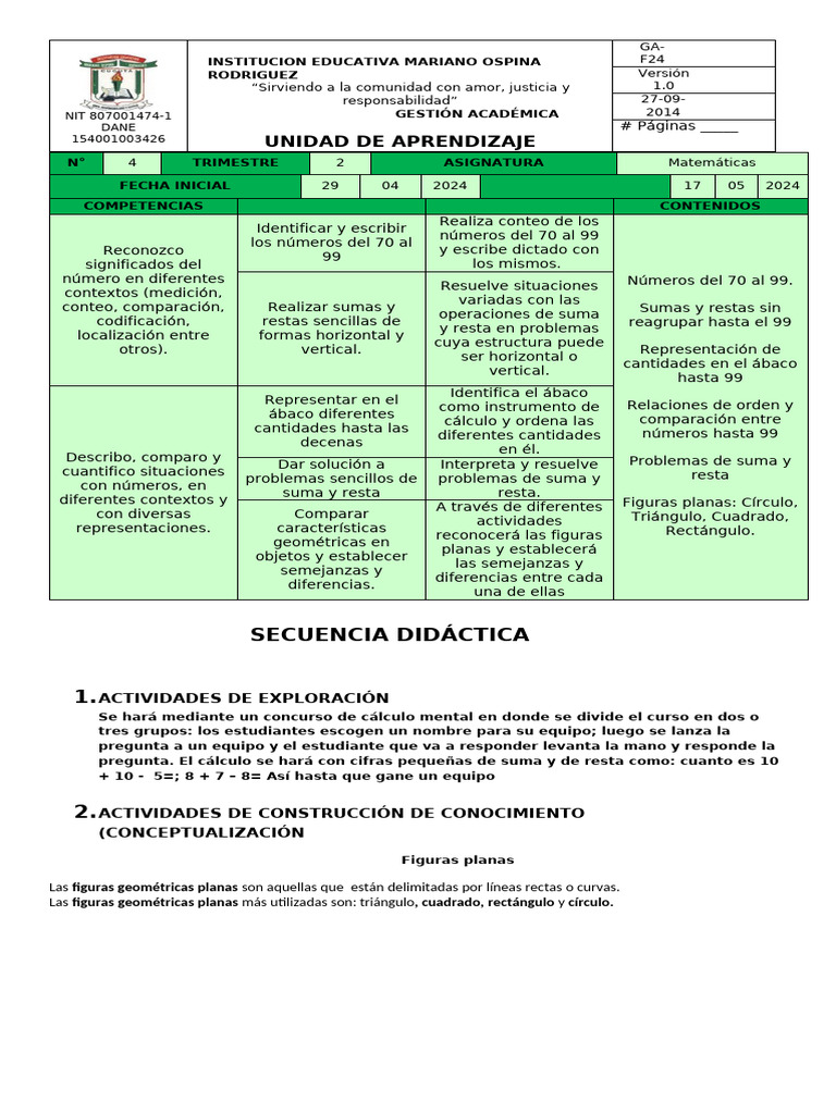 Matemáticas: Números y Figuras Planas | PDF | Sustracción | Matemáticas