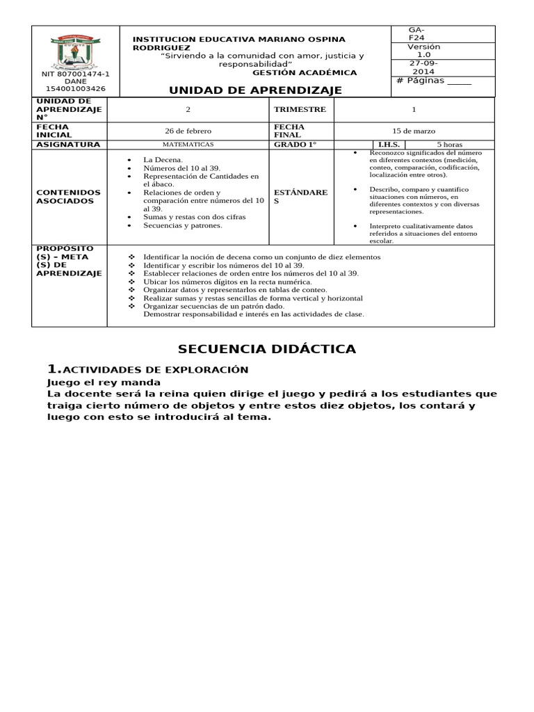 Unidad de Aprendizaje: Matemáticas 1° | PDF | Aprendizaje
