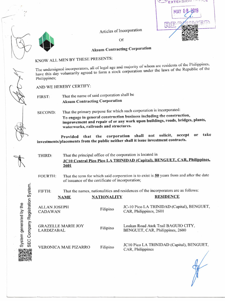 Aksum Contracting Corporation Articles | PDF | Corporate Law | Corporations