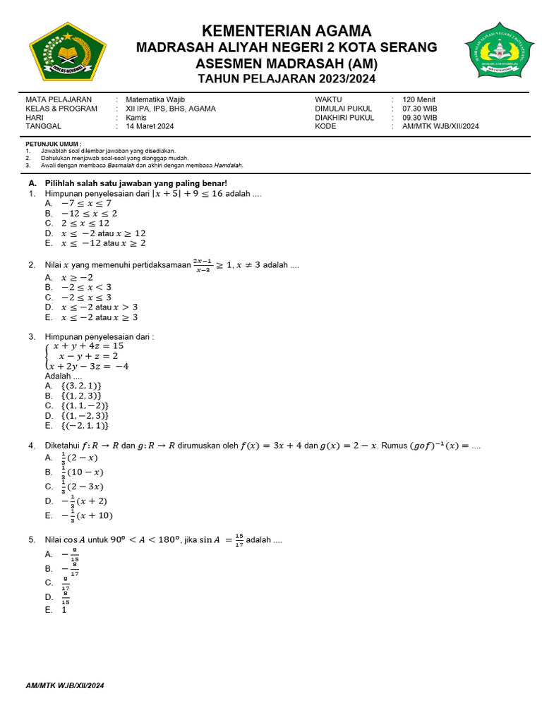 Soal Am MTK Wajib 2024 | PDF