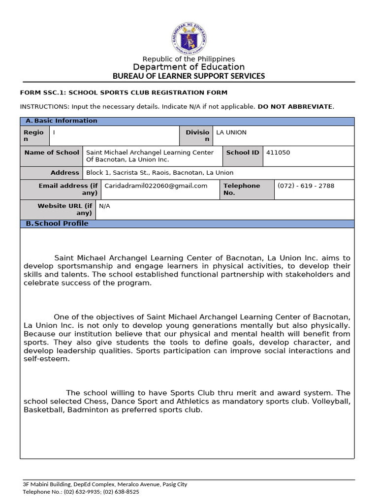 St. Michael Learning Center Sports Club Form | PDF | Sports