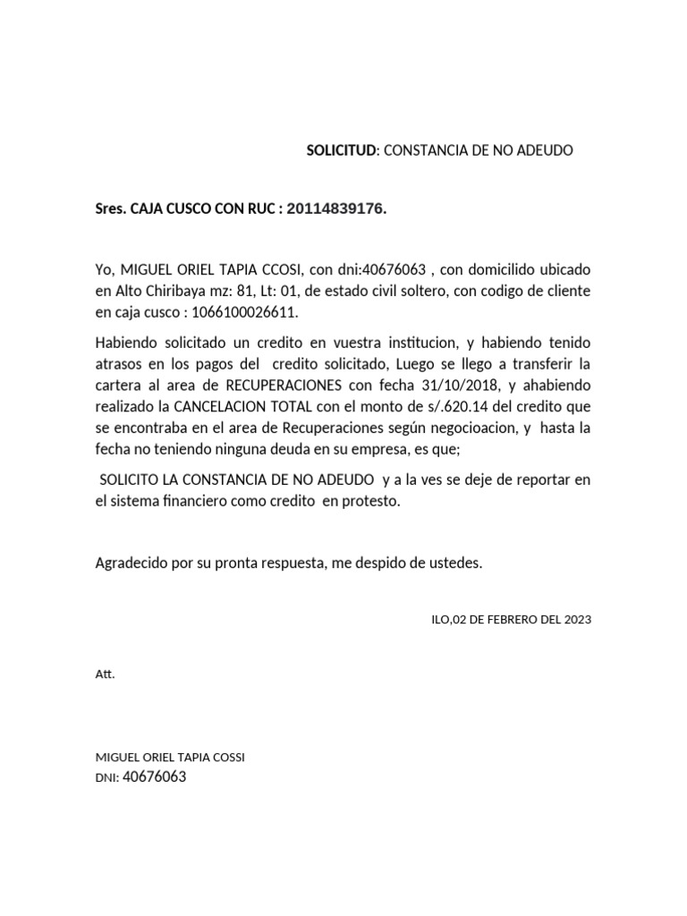 SOLICITUD Constancia de No Adeudo | PDF