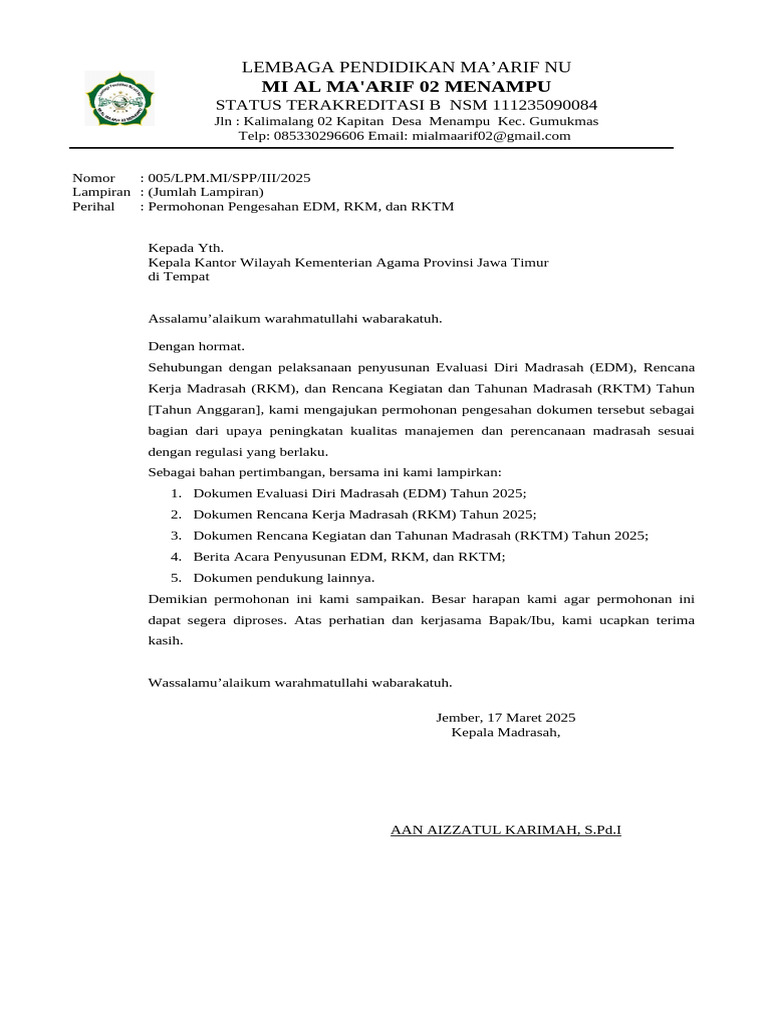 Surat Permohonan Pengesahan EDM, RKM, RKTM 2025 | PDF