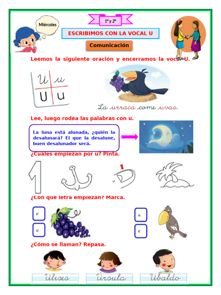 1° y 2° Ficha Adicional Vocal U | PDF