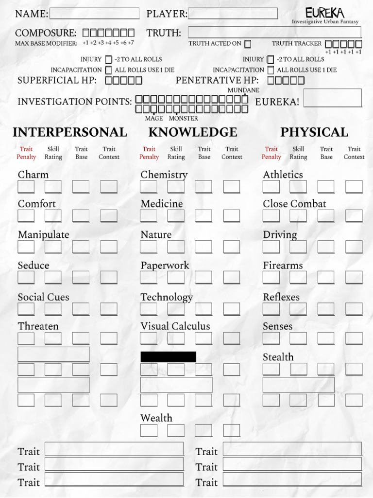October Editable Eureka Character Sheet Updated | PDF