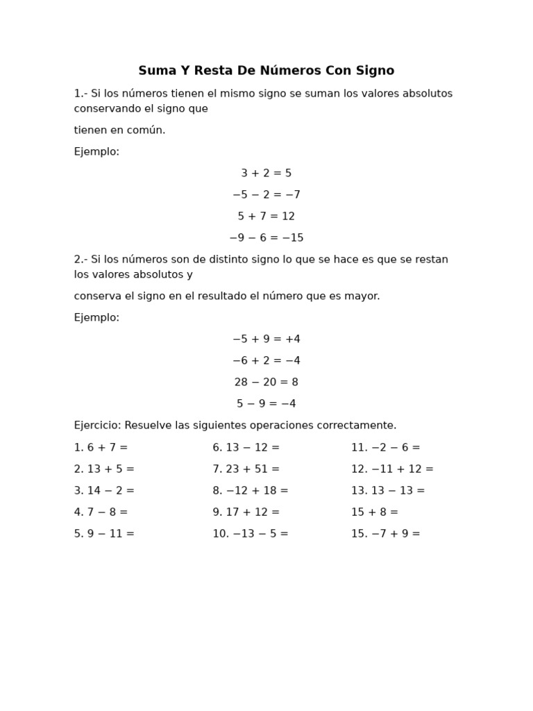 Suma y Resta de Números con Signo | PDF