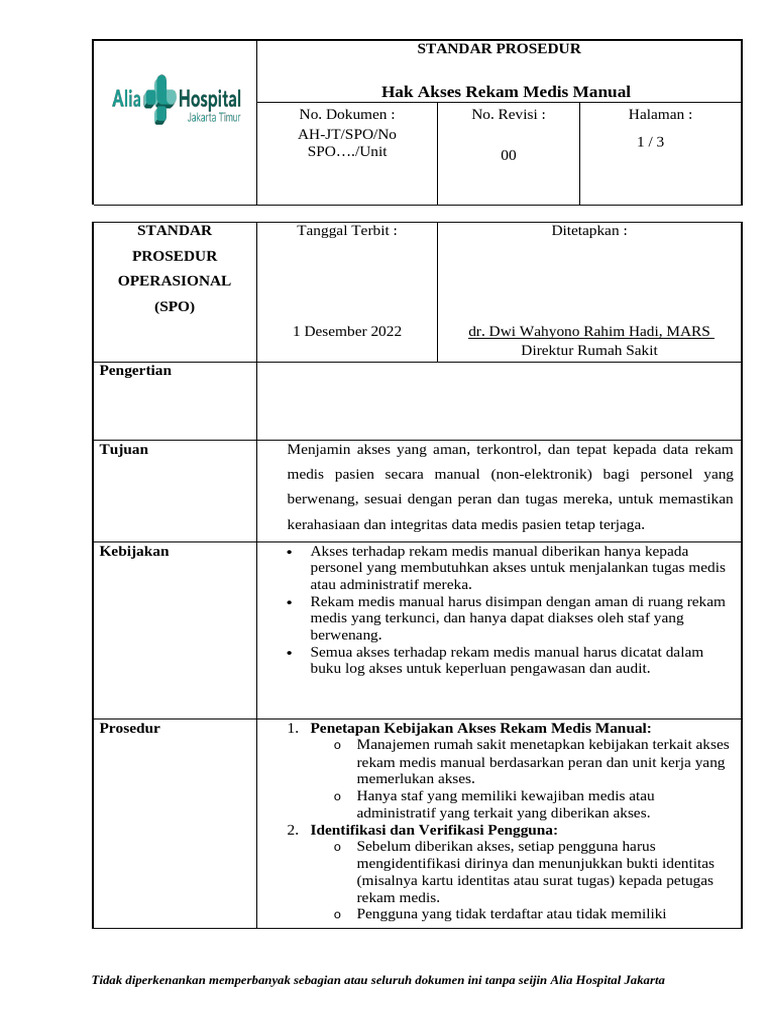 SPO Hak Akses Rekam Medis Manual | PDF