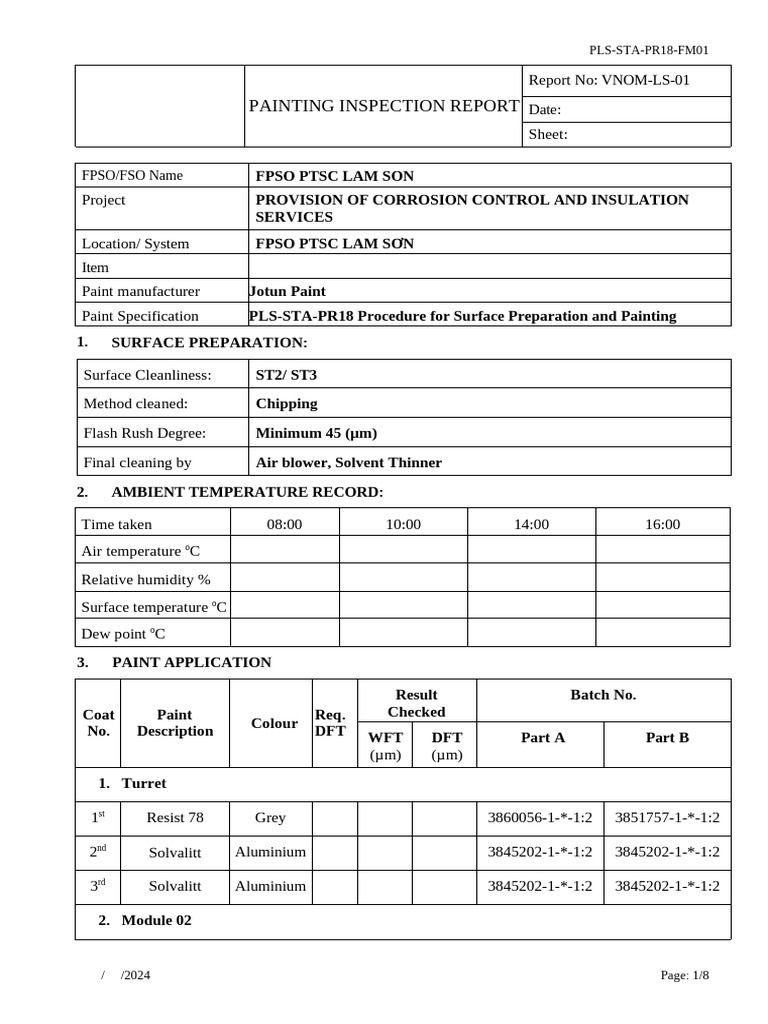 1. PLS-STA-PR18-FM01 Surface Praparation and Painting Insspection Report Form - Rev.1 (final 20 ...