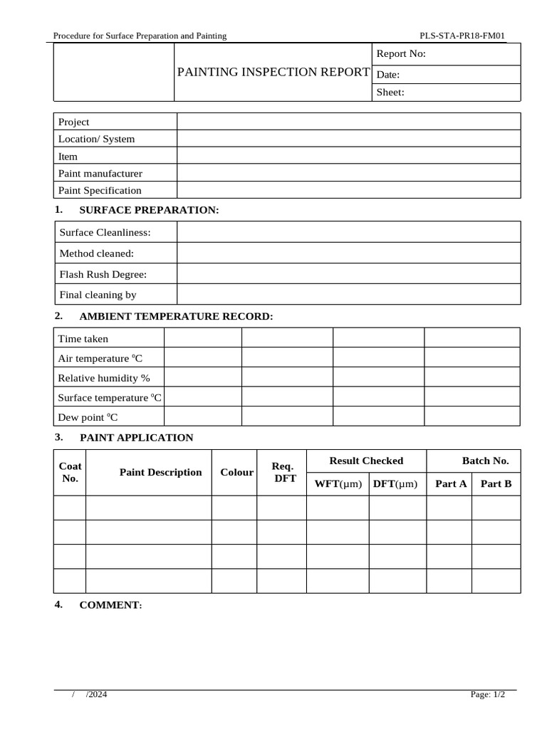 Appendix PLS-STA-PR18-FM01 Surface Praparation and Painting Insspection Report Form - Rev.1 (1 ...