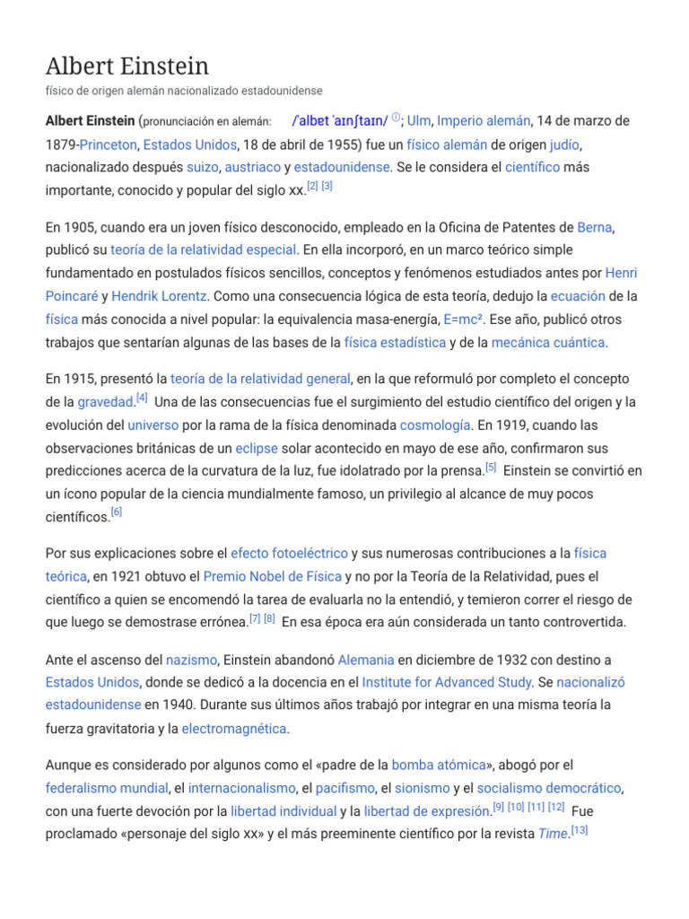 Albert Einstein - Wikipedia, La Enciclopedia Libre | PDF | Albert ...