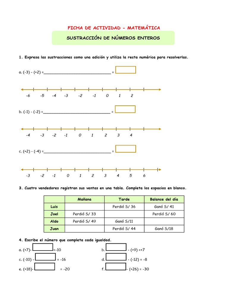 Ficha-Juev-Mat - Sustracción de Números Enteros | PDF | Matemáticas