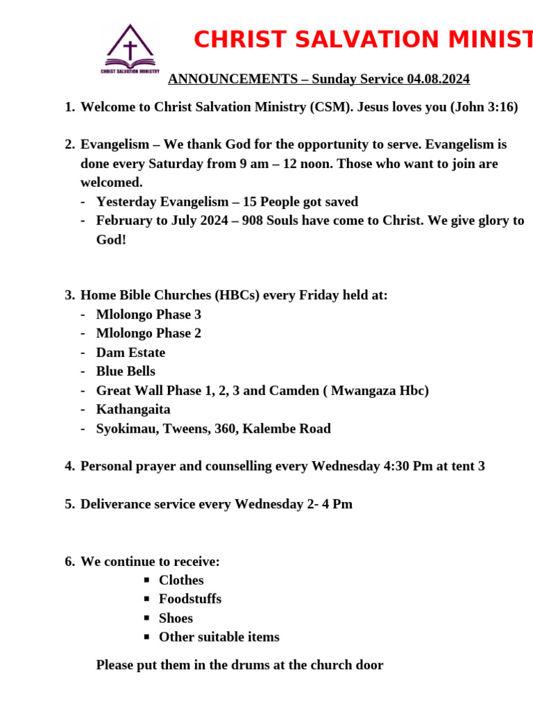 CSM 04.08.2024 SUNDAY ANNOUNCEMENTS | PDF