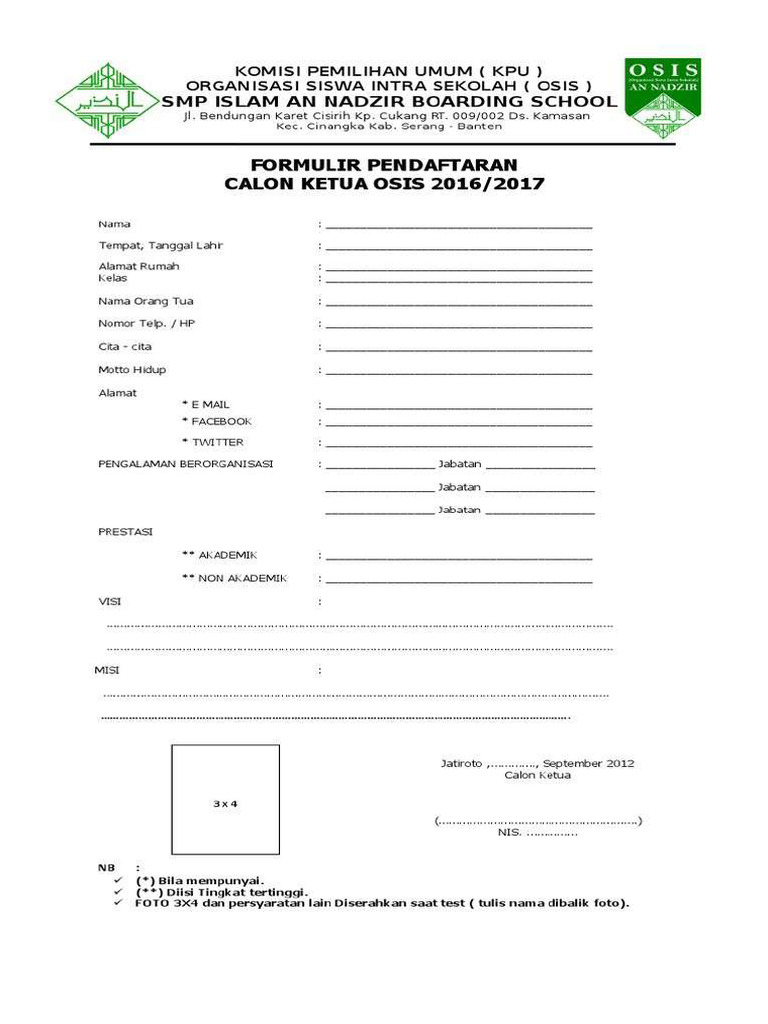 formulir pendaftaran osis DAAR EL LATIEF | PDF