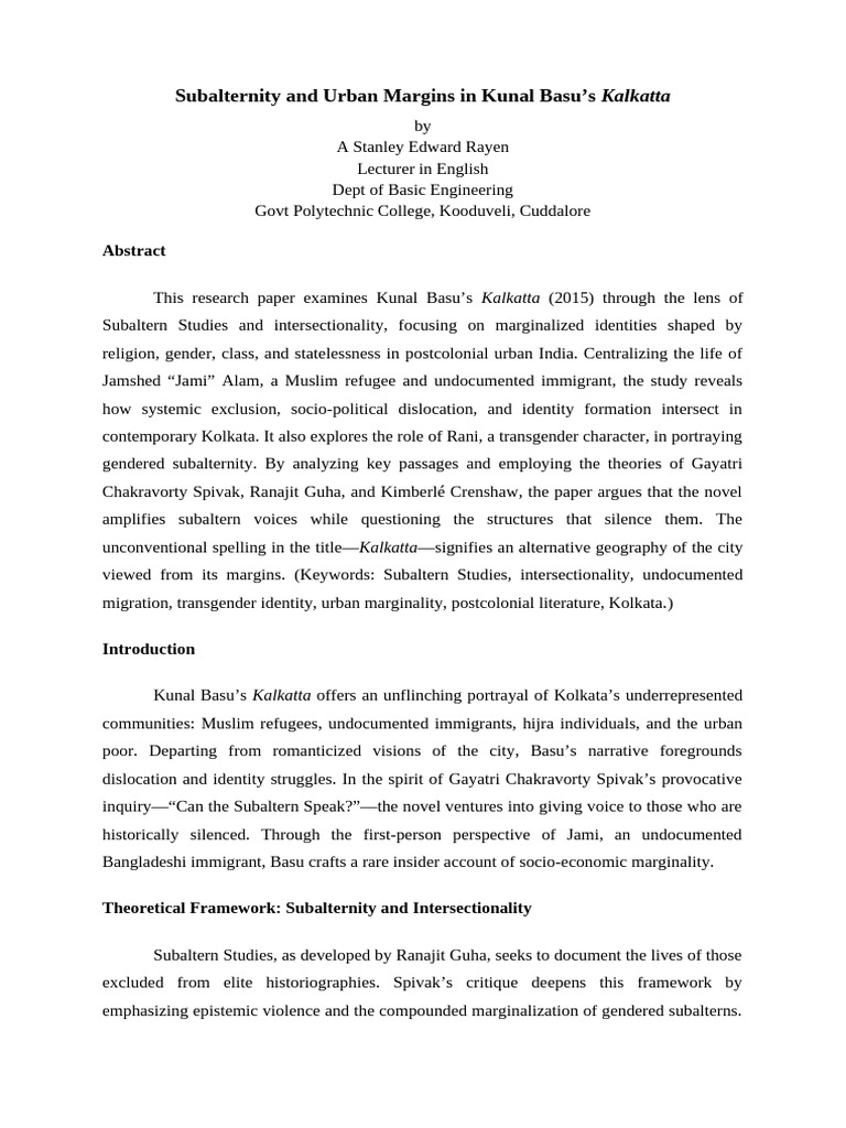 Subalternity and Urban Margins in Kunal Basu | PDF | Intersectionality ...