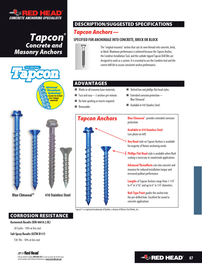 Tapcon Anchors Selection Chart | PDF | Drill | Building Materials