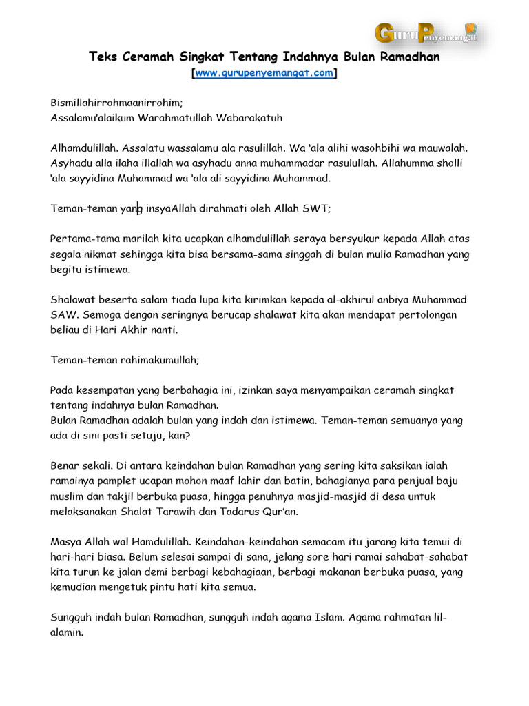 Teks Ceramah Singkat Tentang Indahnya Bulan Ramadhan | PDF