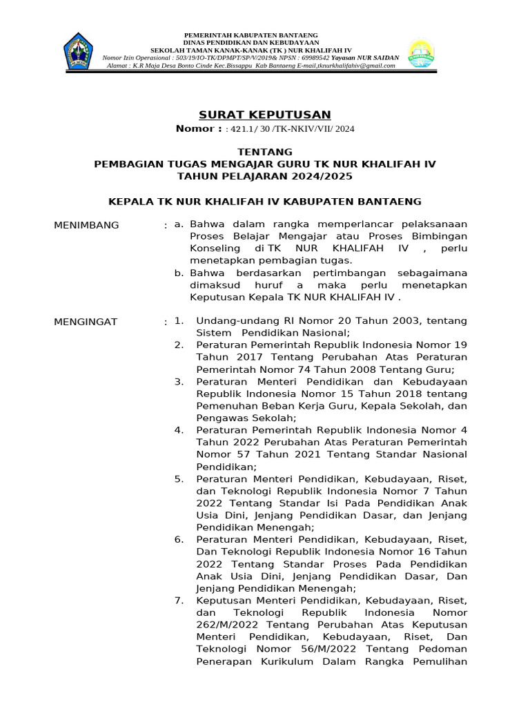 2024 2025 SK - Pembagian - Tugas - Mengajar - TK Nur Khalifah IV | PDF