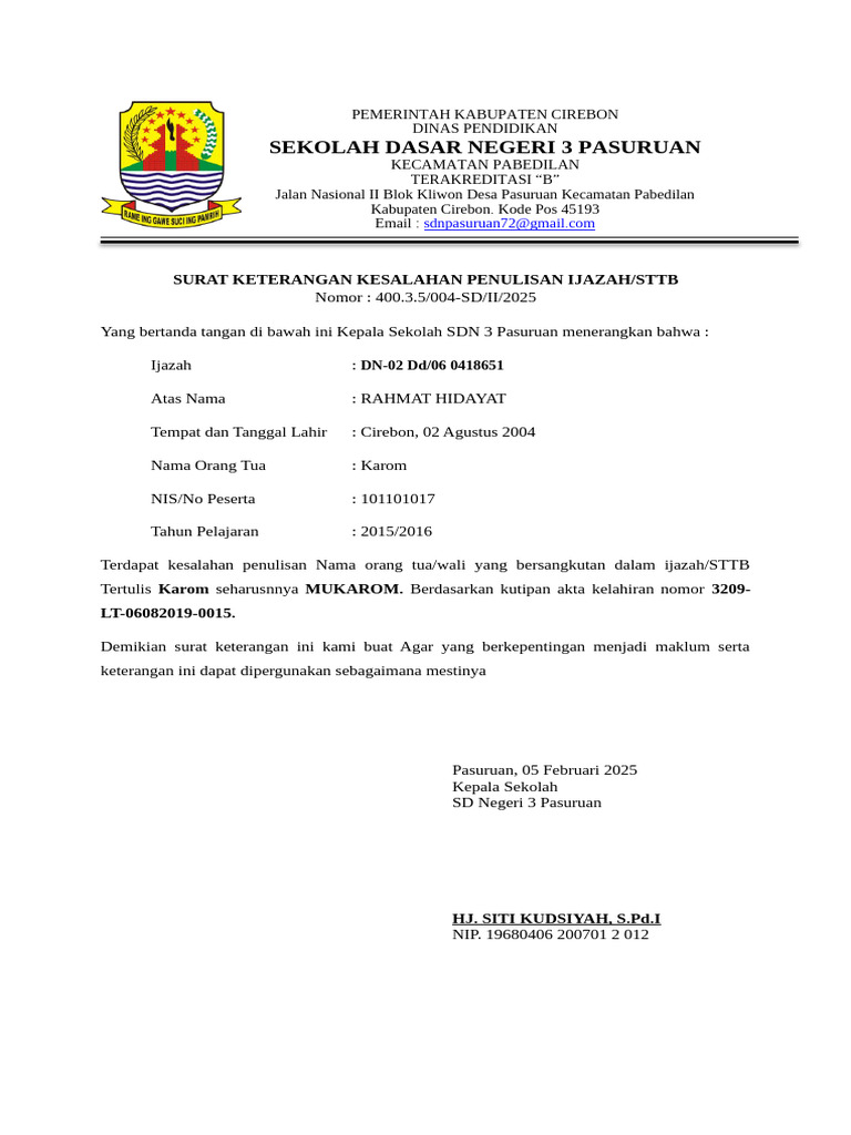 Surat Keterangan Kesalahan Penulisan Ijazah-Sttb | PDF