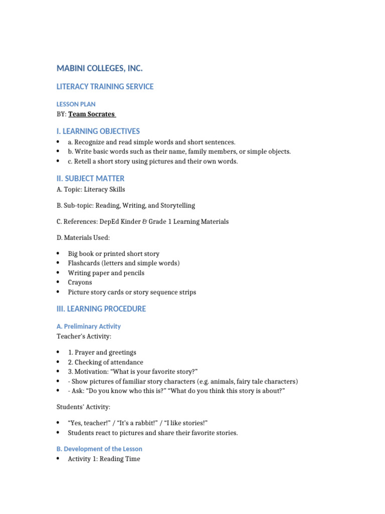 LTS Lesson Plan Reading Writing Storytelling | PDF | Storytelling ...