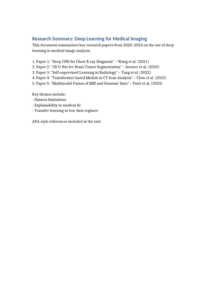Research Summary Deep Learning Medical Imaging | PDF
