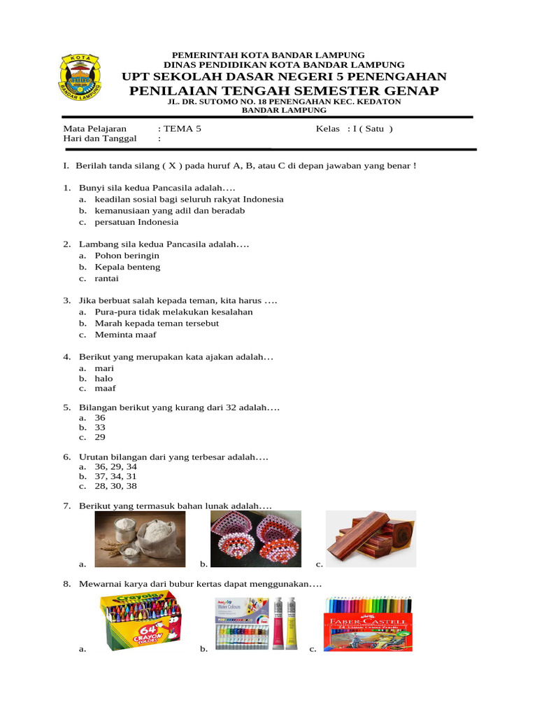 Soal PTS Genap Kelas 1 Tema 5 2022 | PDF