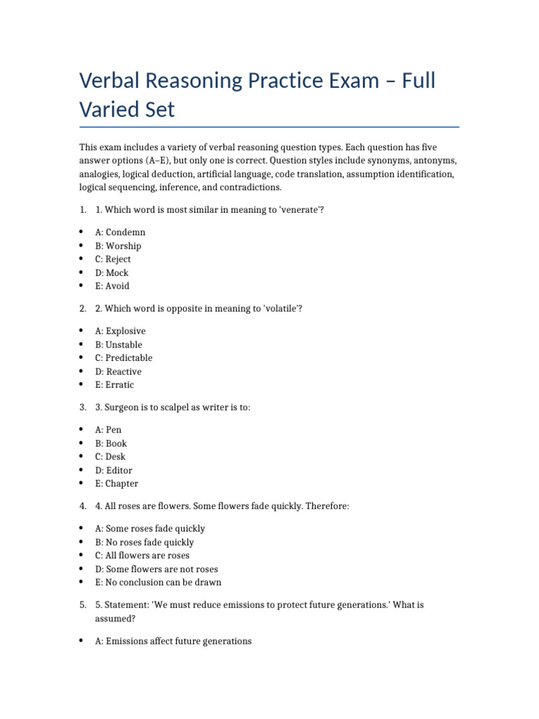 Full Varied Verbal Reasoning Exam 60 | PDF | Reason | Logic
