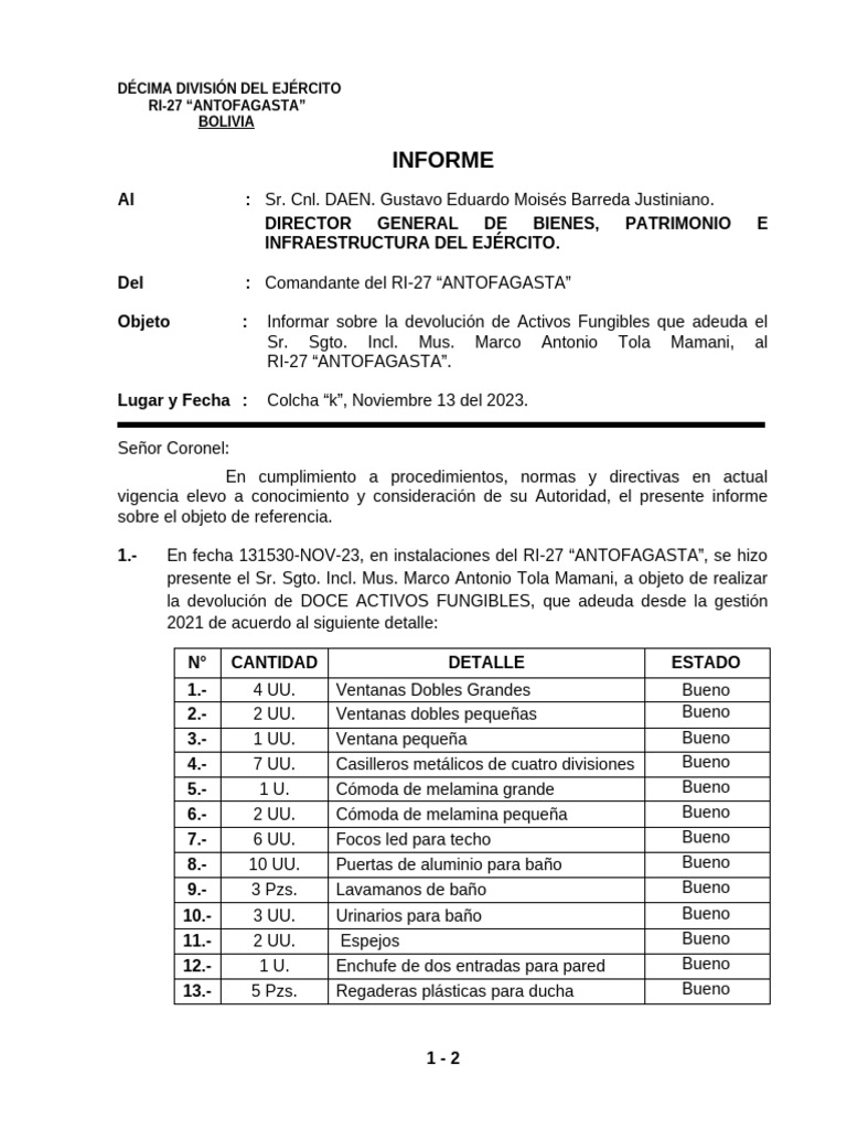 1.- INFORME DEVOLUCION | PDF