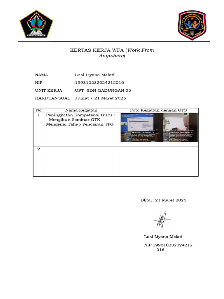 Kertas Kerja Wfa Upt Sd Negeri Gadungan 05 Lusi | PDF