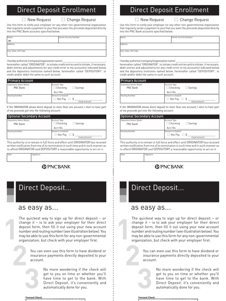 PNC Direct Deposit Enrollment Form | PDF | Banks | Debit Card