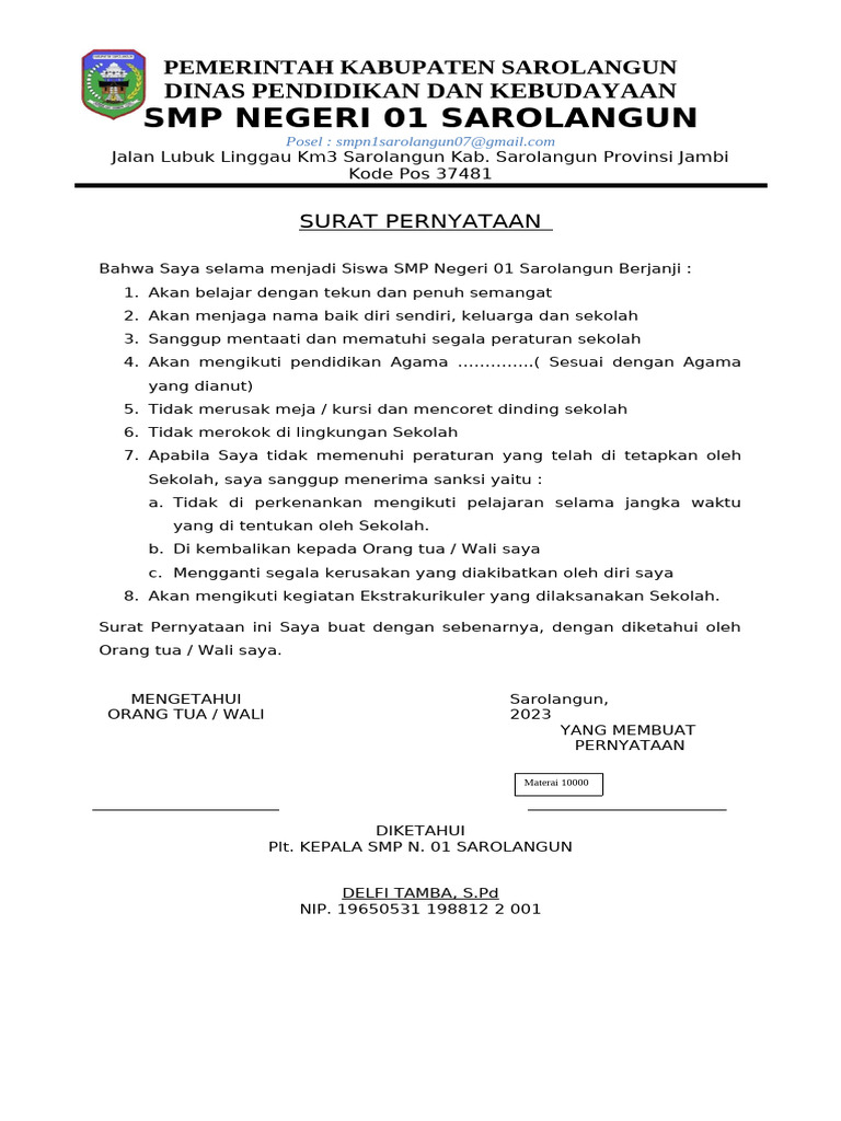 SURAT PERNYATAAN SISWA | PDF