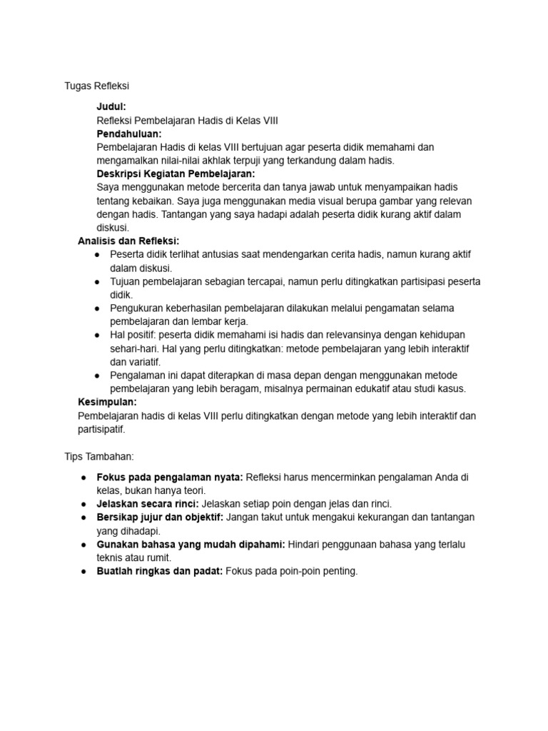 Refleksi Pembelajaran Hadis Kelas VIII | PDF